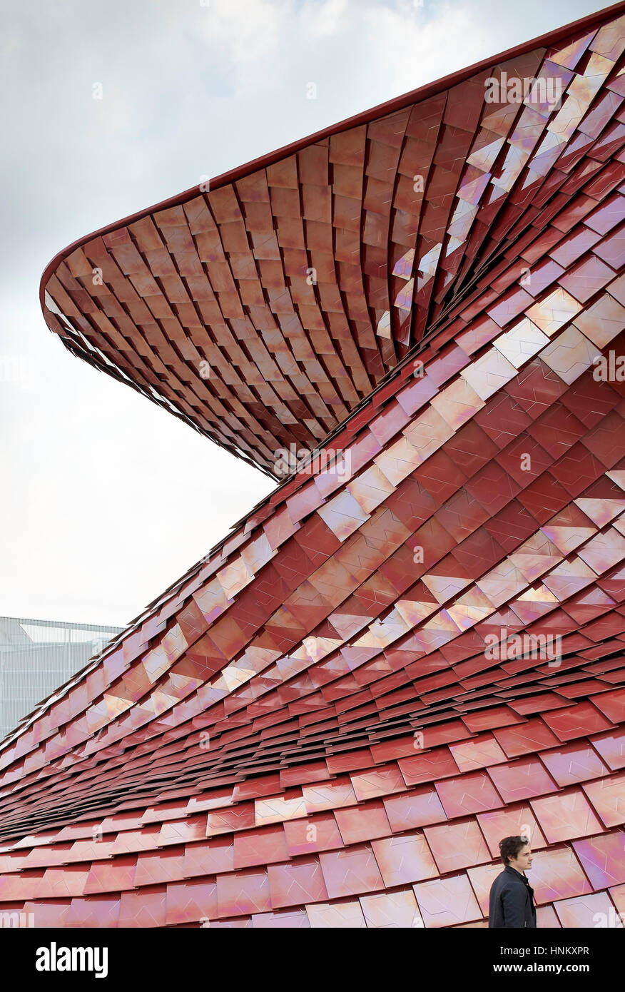 Detail of red, scale-like exterior facade. Milan Expo 2015, Vanke ...