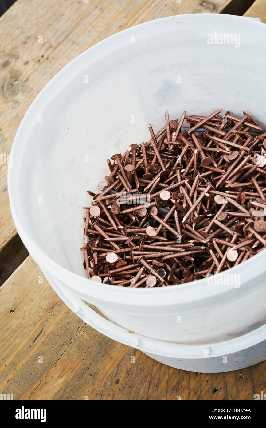 A white plastic bucket of copper nails Stock Photo - Alamy