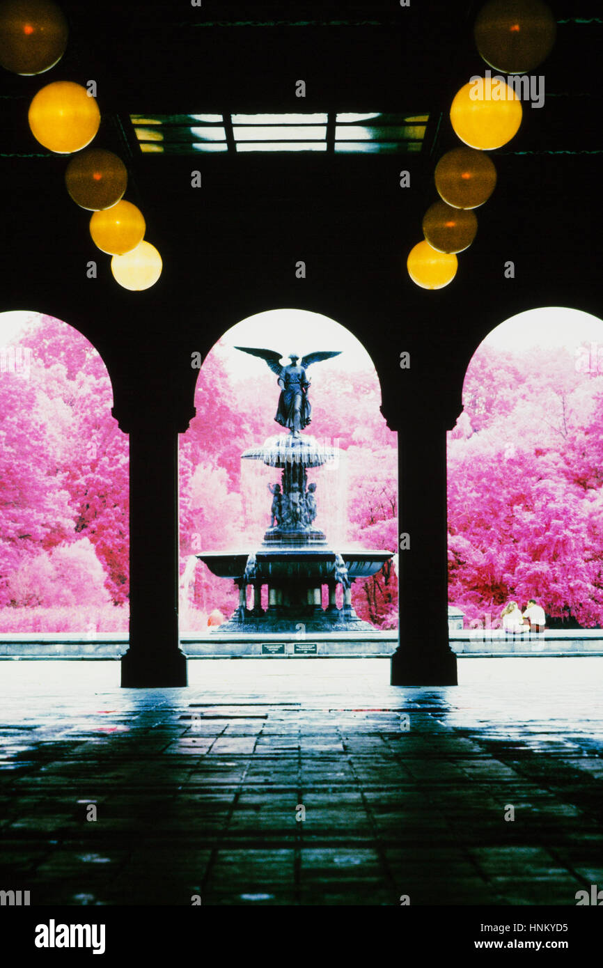 Archway and water fountain in Central Park, New York City Stock Photo ...