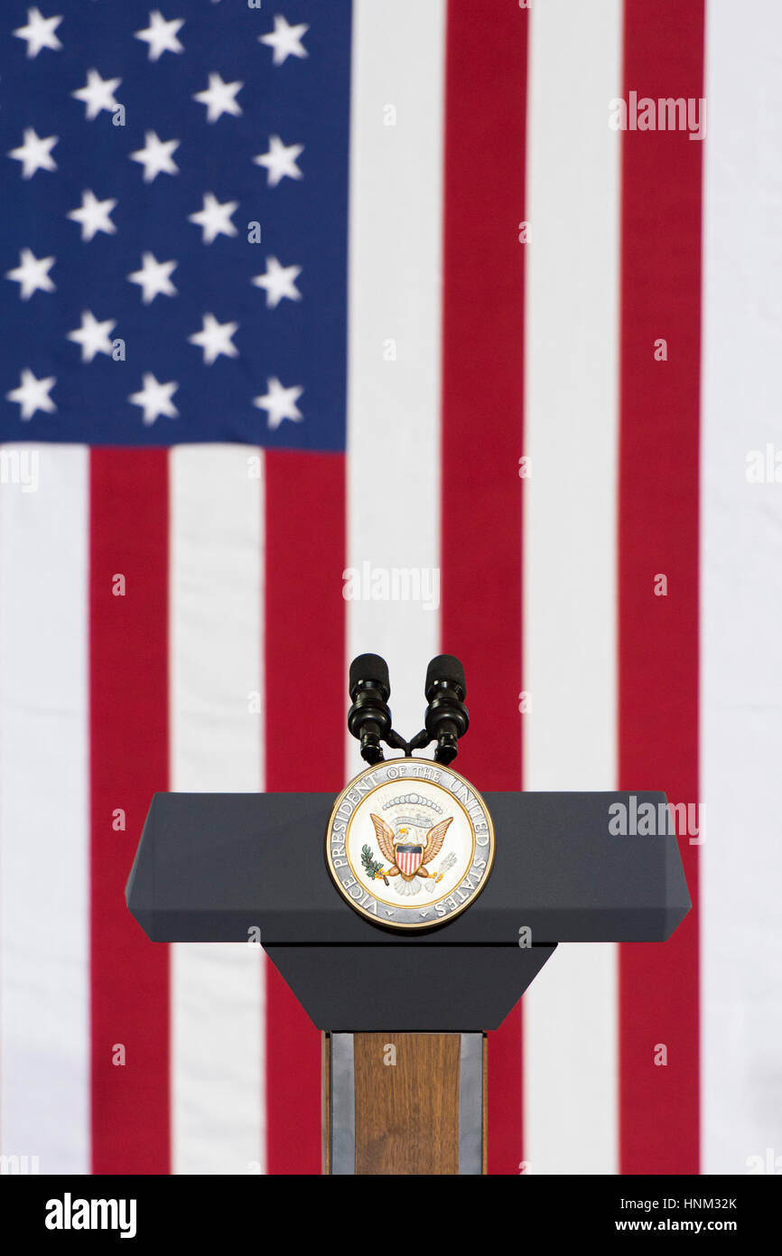 The podium is seen prior to Vice President Joe Biden speaking at a ...