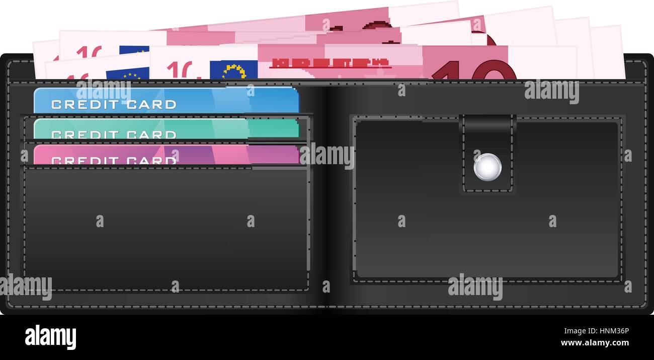 Open wallet with ten euro banknotes and credit cards. Vector ...