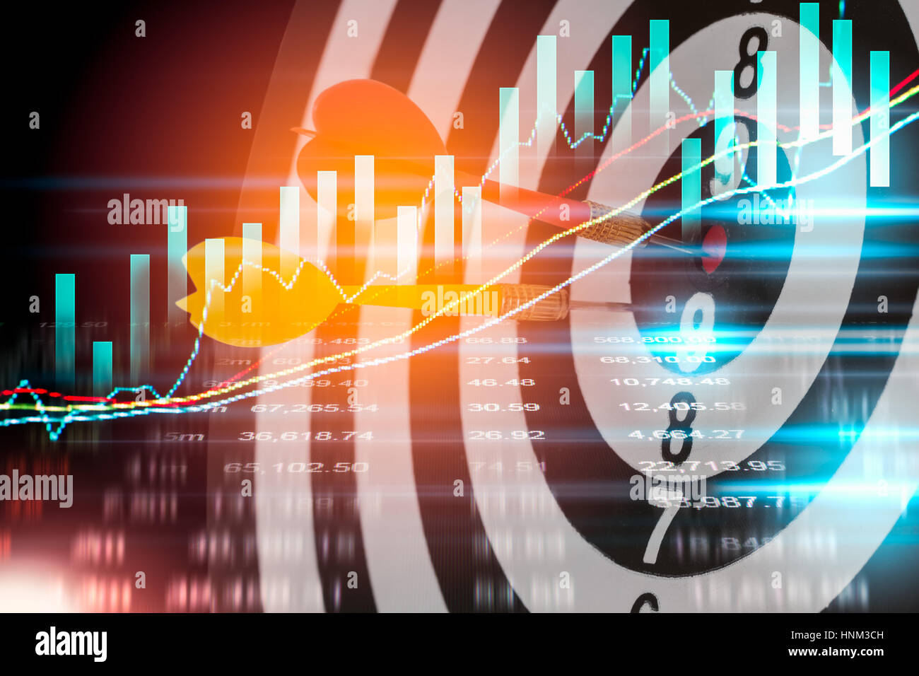 Target arrow on dart board and stock market indicator graph. Financial ...