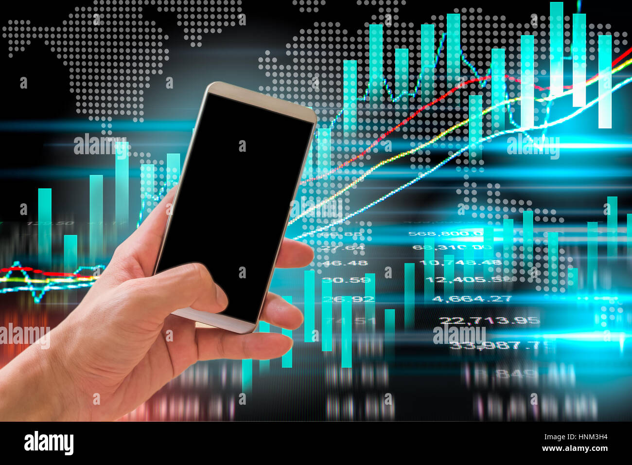 Hand hold smart phone on stock market indicator and financial data ... Hand hold smart phone on stock market indicator and financial data ...