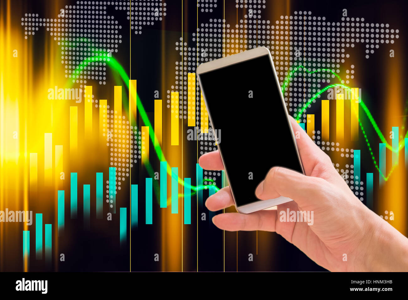 Hand hold smart phone on stock market indicator and financial data ... Hand hold smart phone on stock market indicator and financial data ...