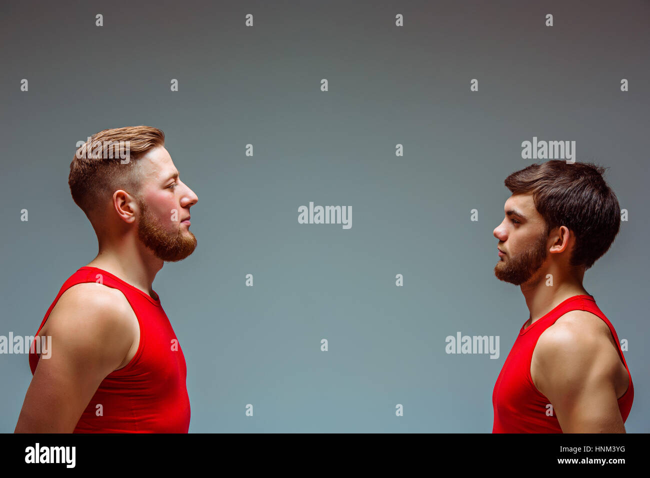 The two gymnastic acrobatic caucasian men posing in on gray studio ...