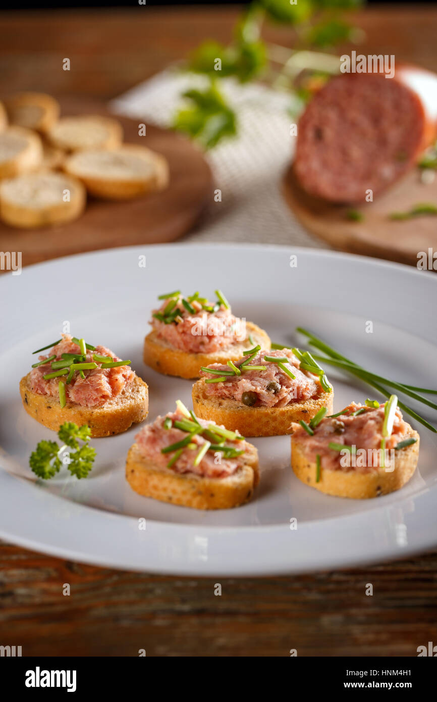 Savory smoked teewurst, a German sausage made of bacon and pork, on ...