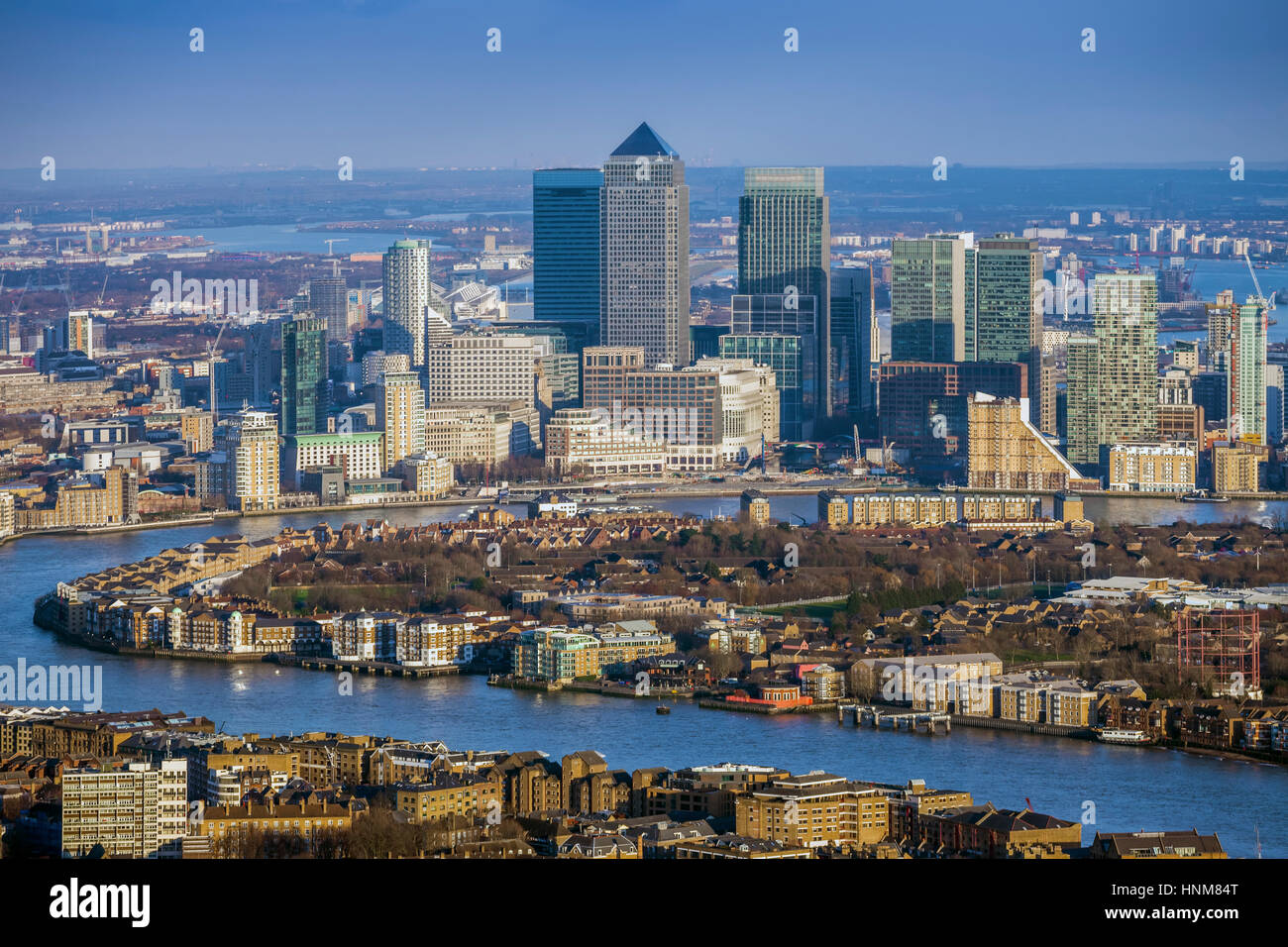 London, England - Aerial view of River Thames and the skyscrapers of ...