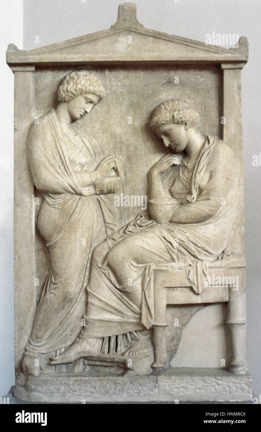 Attic funerary stele. 4th century. Farewell scene. Woman with her slave ...