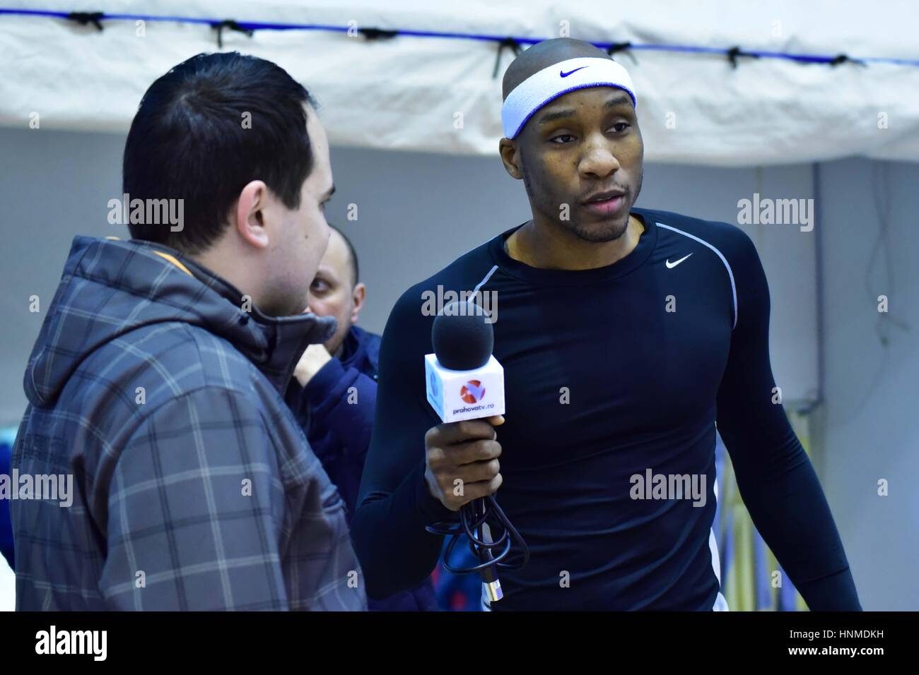 February 17, 2015: Alhaji Mohammed of CSU Asesoft Ploiesti joking with ...