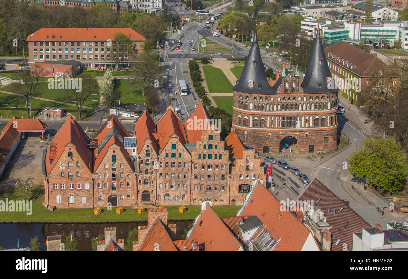 Salt houses and city gat in Lubeck, Germany seen from above Stock Photo ...