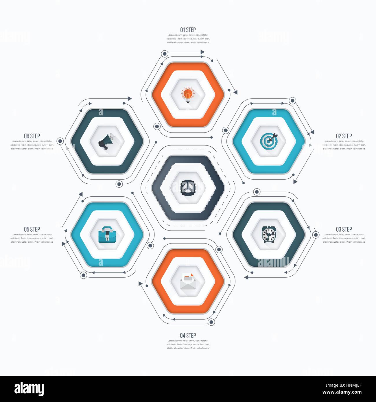 Infographics template 6 options with hexagon. Can be used for workflow ...