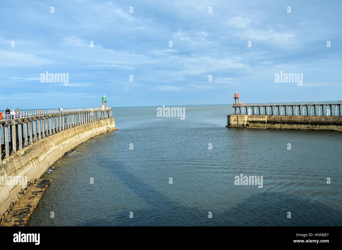 East amd West Piers with light beacons in Whitby, North Yorkshire Stock ...