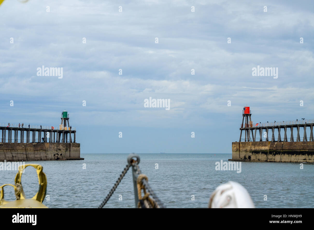 Looking at the east and west pier light beacons from a lifeboat in ...