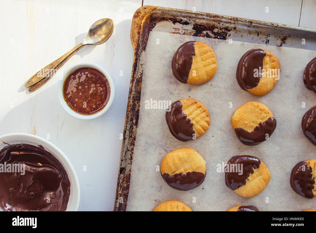 Pan with shortbread cookies top view selective focus Stock Photo - Alamy