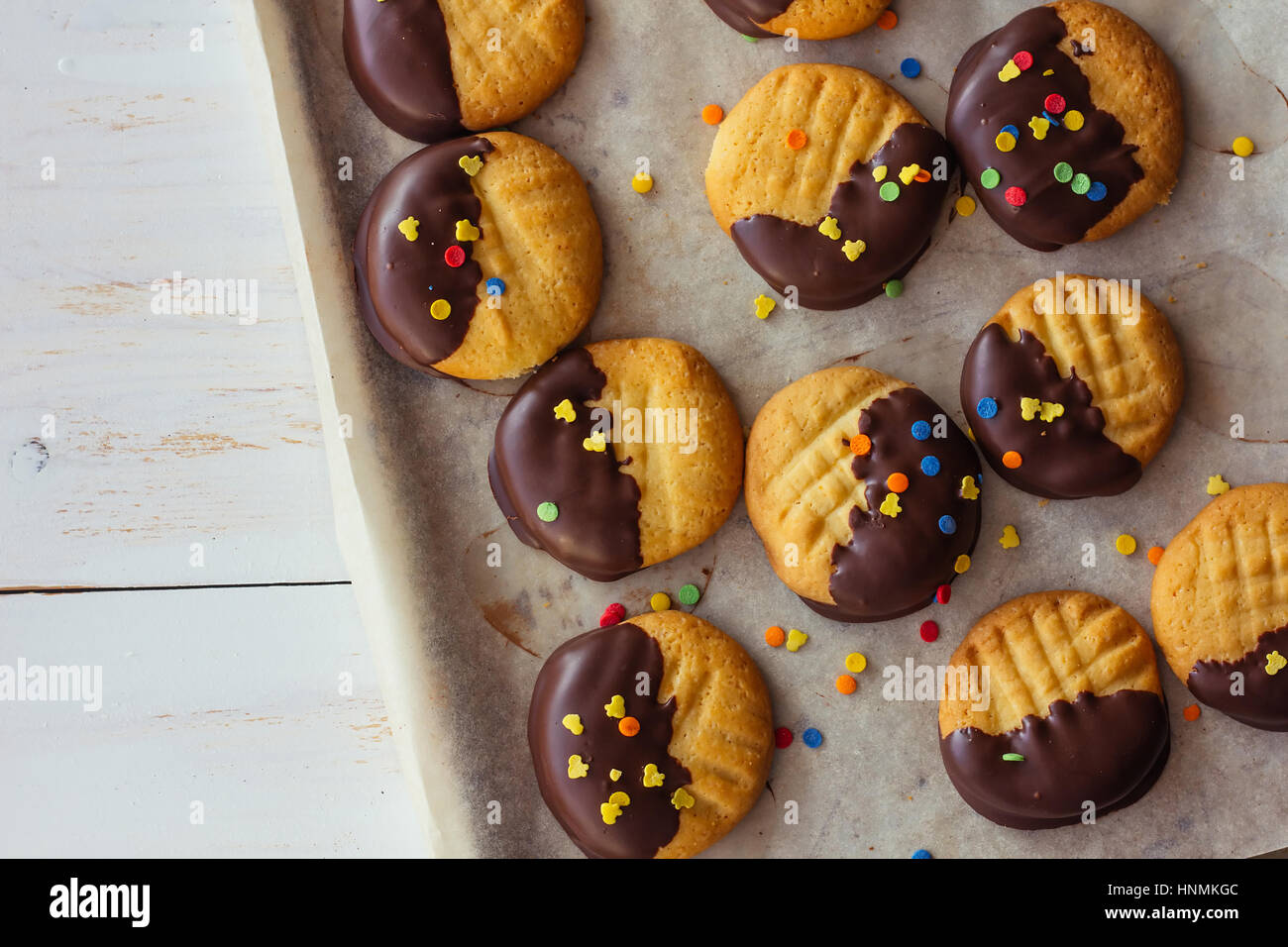 Shortbread cookies with multicolor toppings top view selective focus ...