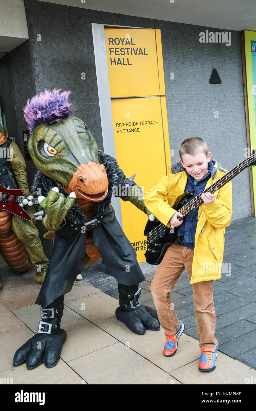 London, UK. 14th February 2017. Finnish children's rock band Hevisaurus ...