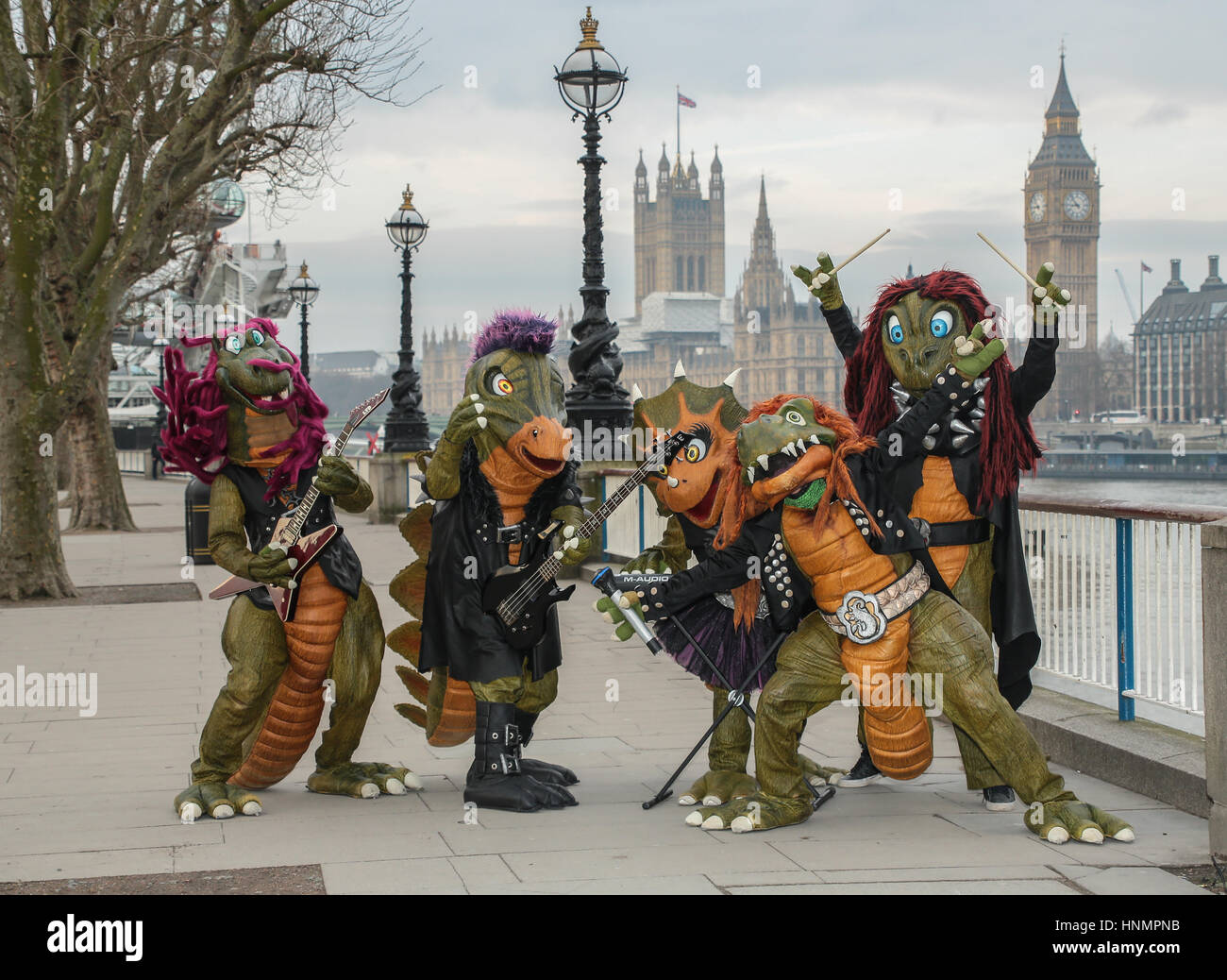 London, UK. 14th February 2017. Finnish children's rock band Hevisaurus ...