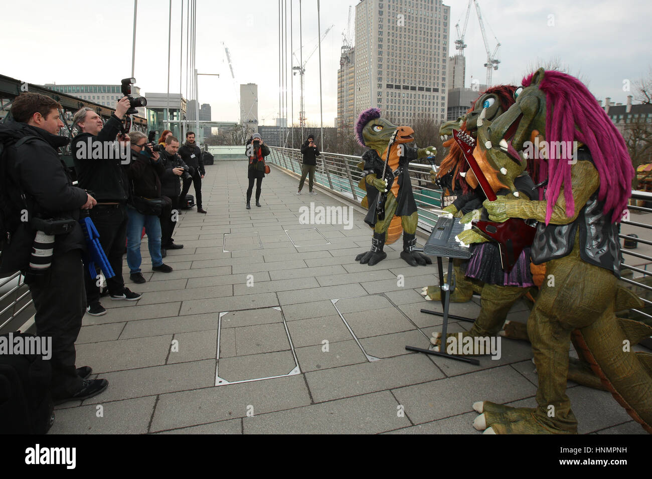 London, UK. 14th February 2017. Finnish children's rock band Hevisaurus ...