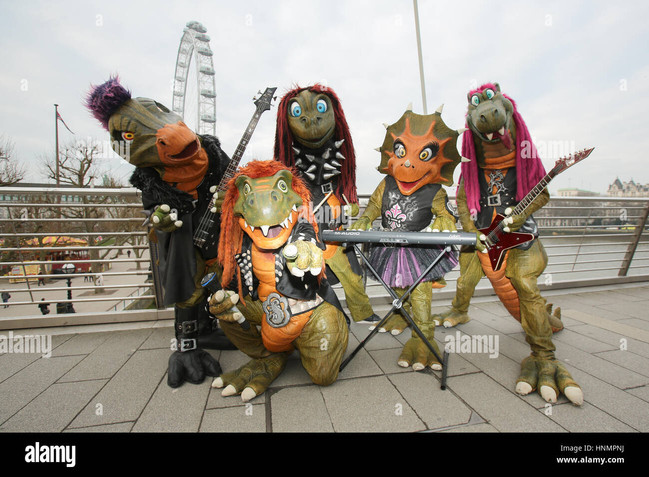 London, UK. 14th February 2017. Finnish children's rock band Hevisaurus ...