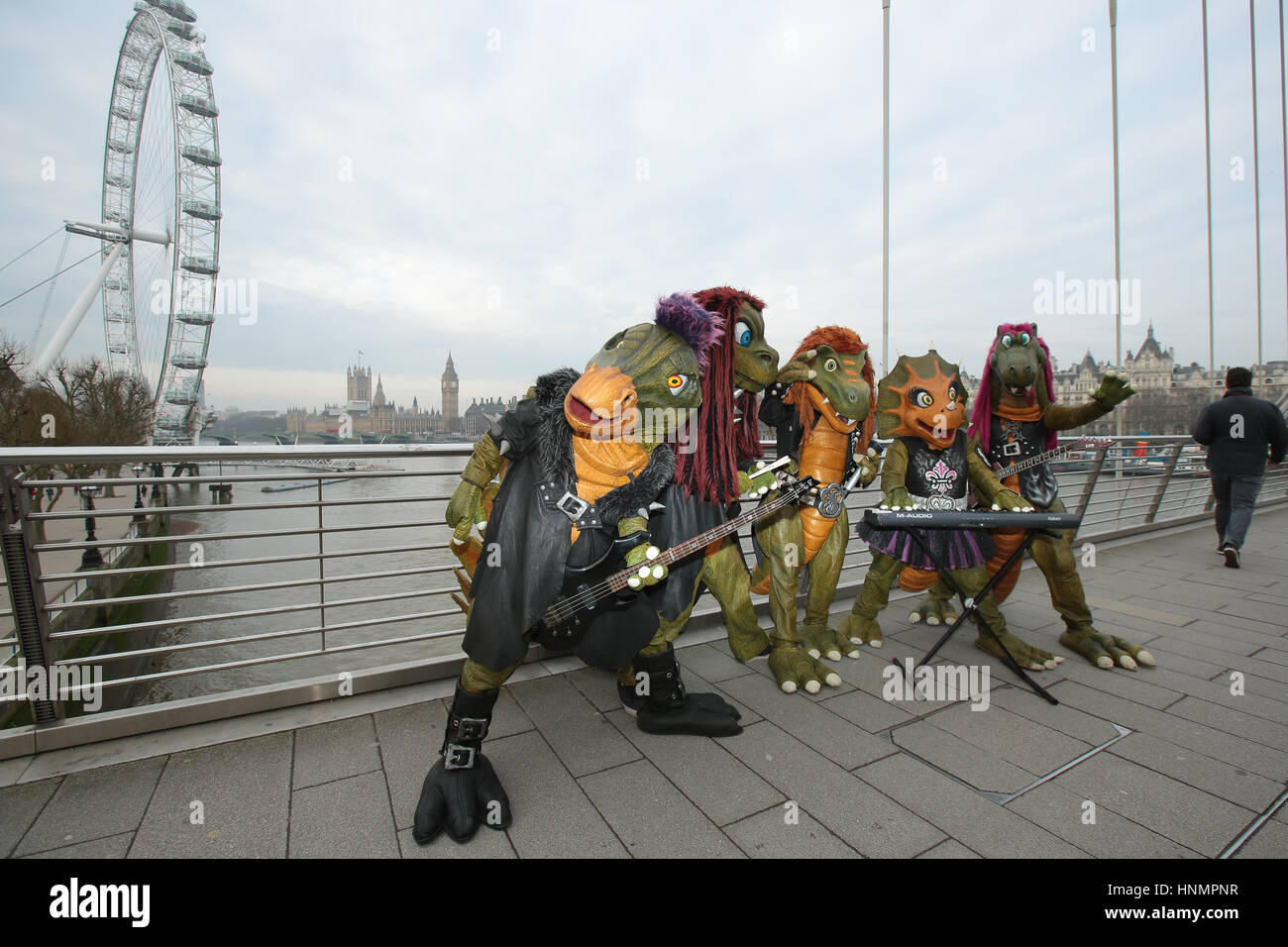 London, UK. 14th February 2017. Finnish children's rock band Hevisaurus ...