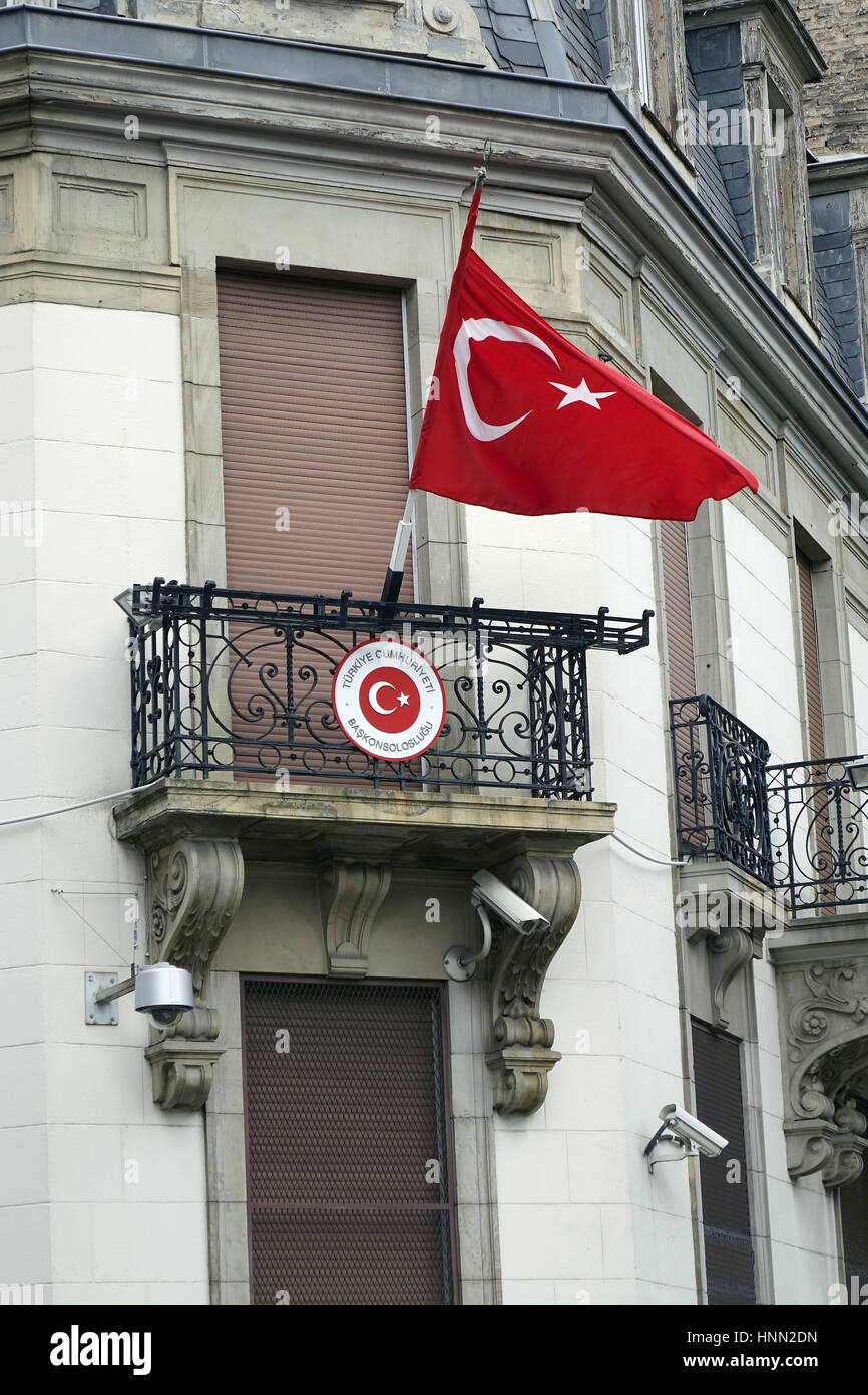 A Turkish flag hanging from the balcony of the Turkish General ...