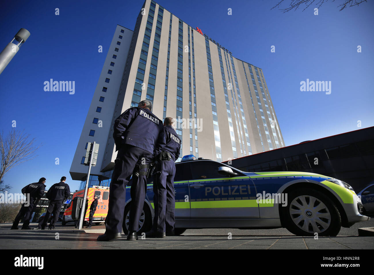 Bonn, Germany. 15th Feb, 2017. Police officers stand outside the World ...