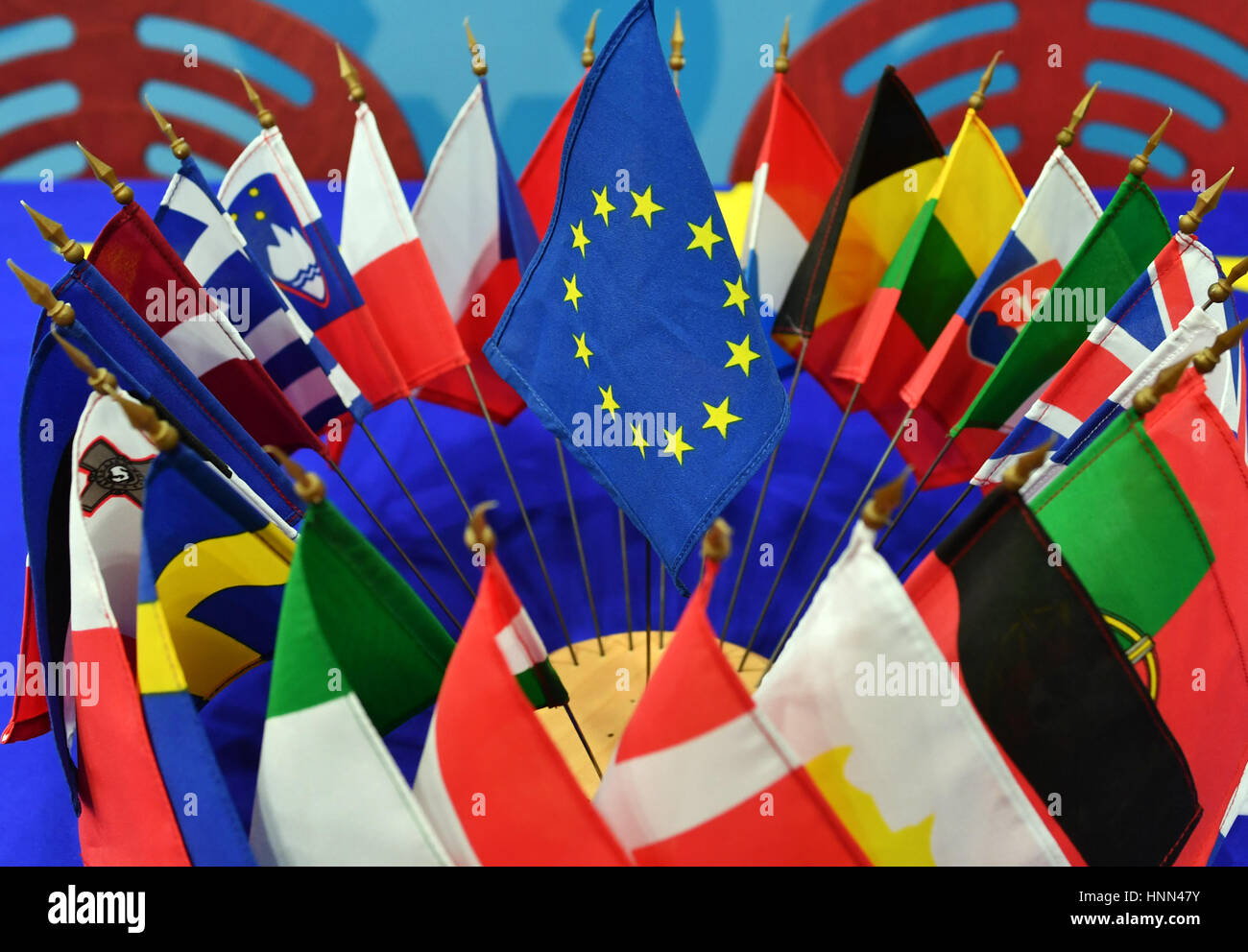 The flags of the EU member states are displayed with the EU flag on a ...