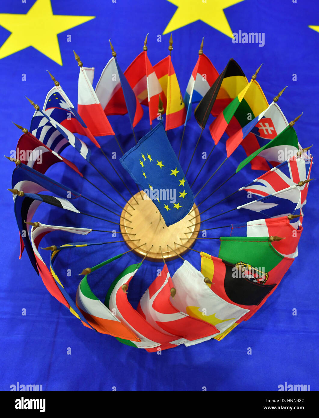 The flags of the EU member states are displayed with the EU flag on a ...