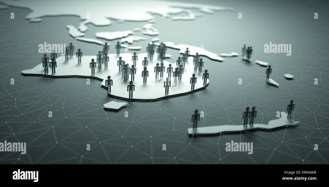3D illustration of people on the map, representing the country's ...