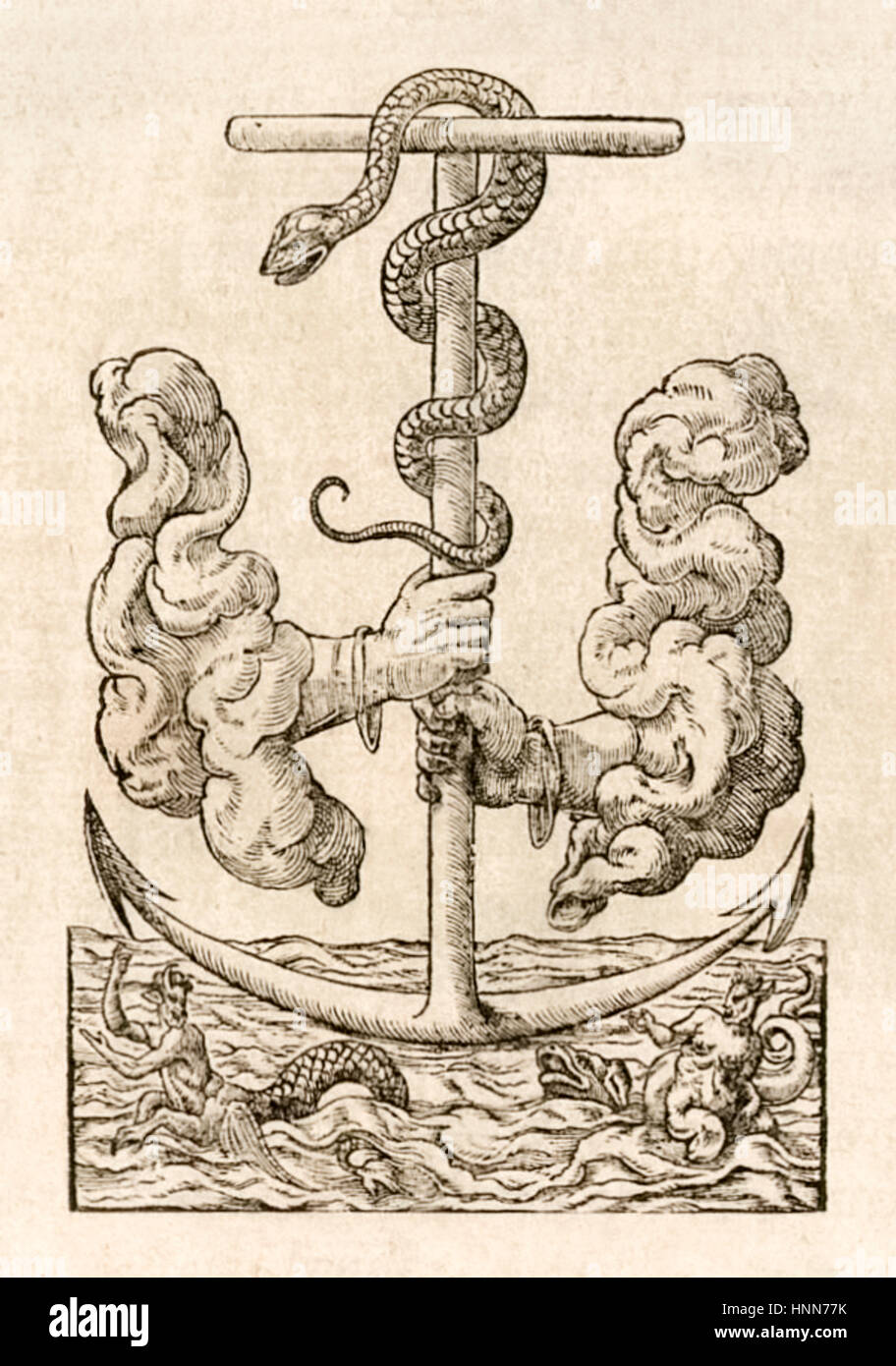 Nehushtan anchor held by two hands emerging from clouds publisher's or ...
