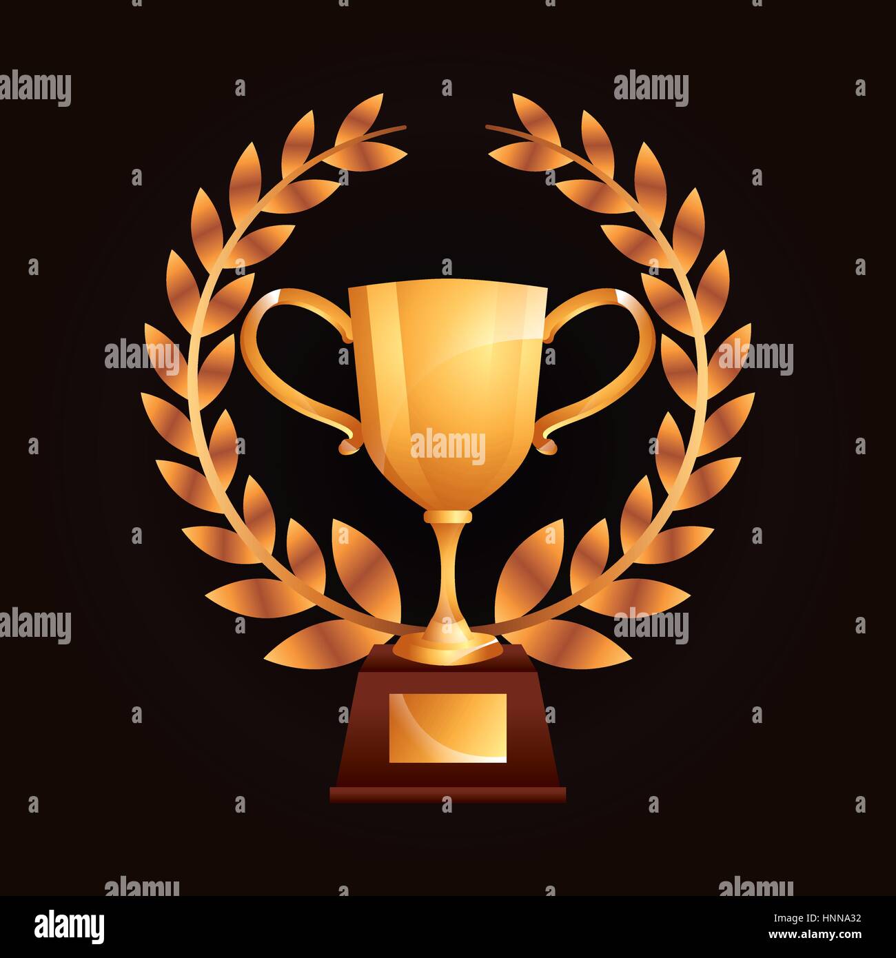wreath of leaves with golden trophy icon over black background ...