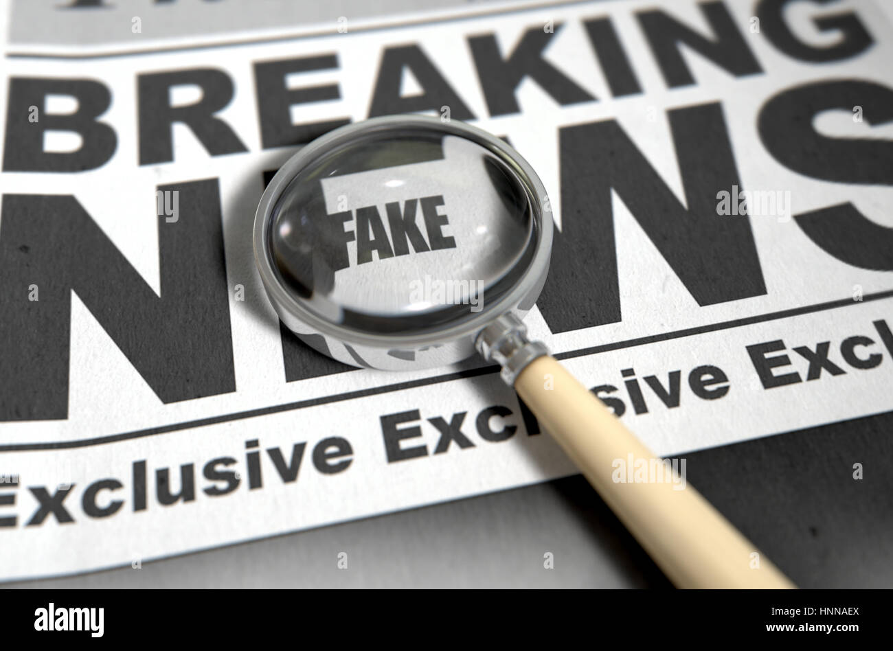 A fake news concept showing a printed newspaper with a magnifying glass ...