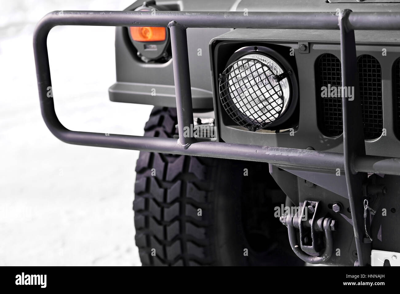 Detail with military vehicle headlight and protection crash bars Stock ...