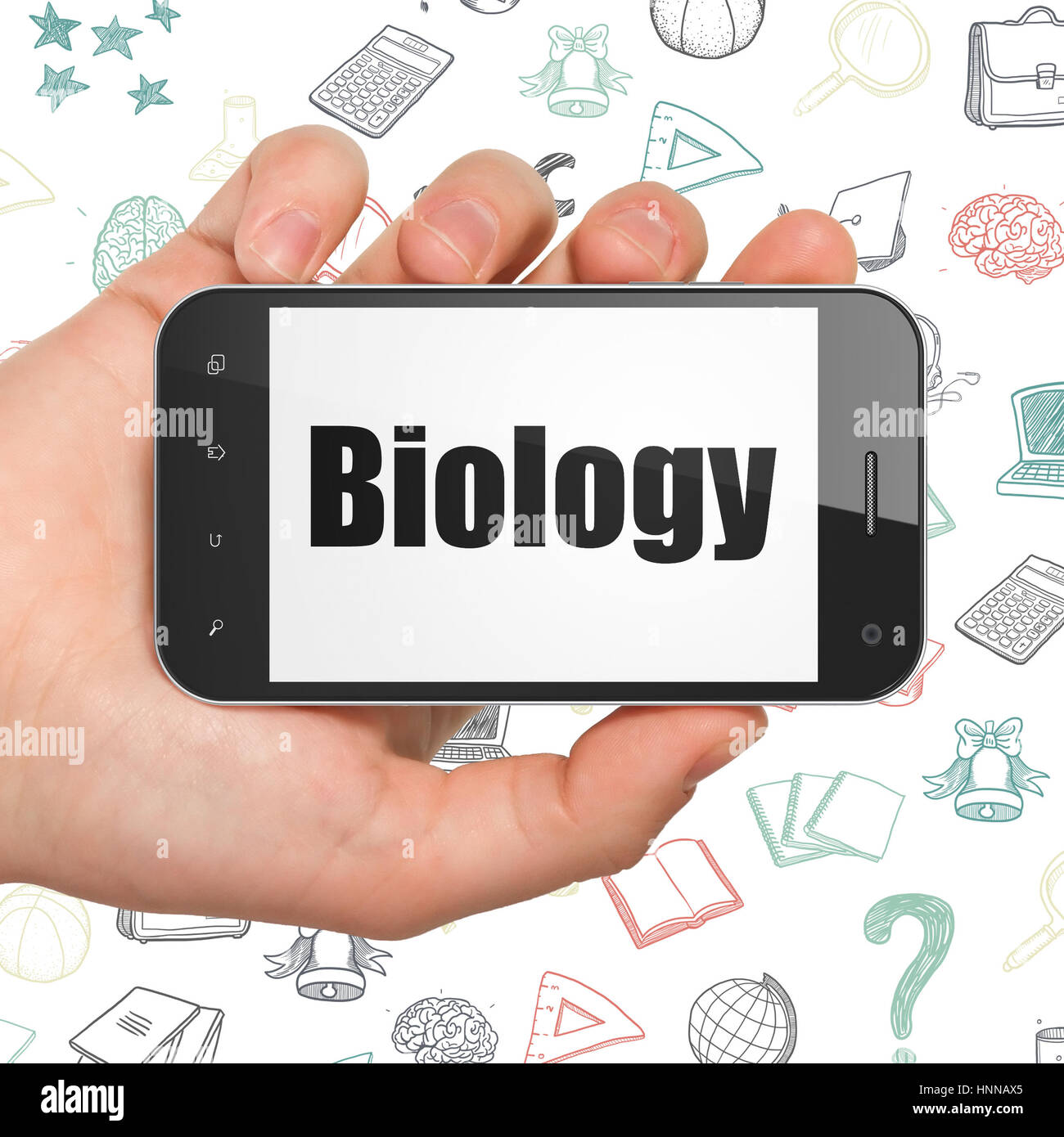 Education concept: Hand Holding Smartphone with Biology on display ...