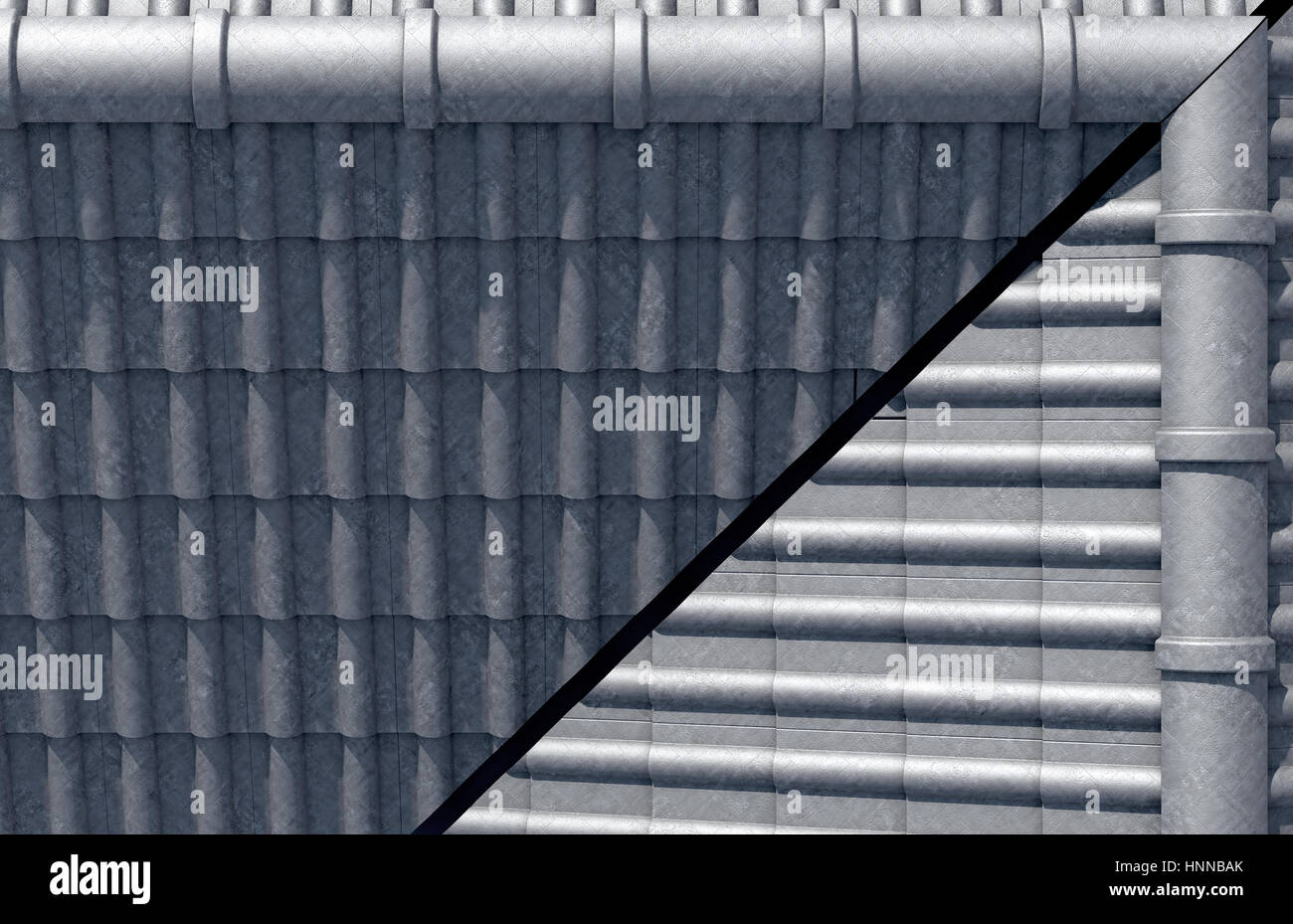 Top view of an intersecting corner of a roof tiled in grey clay tiles ...