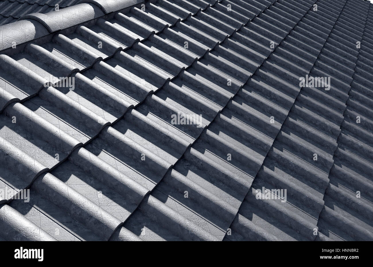 Top view of an intersecting corner of a roof tiled in grey clay tiles ...