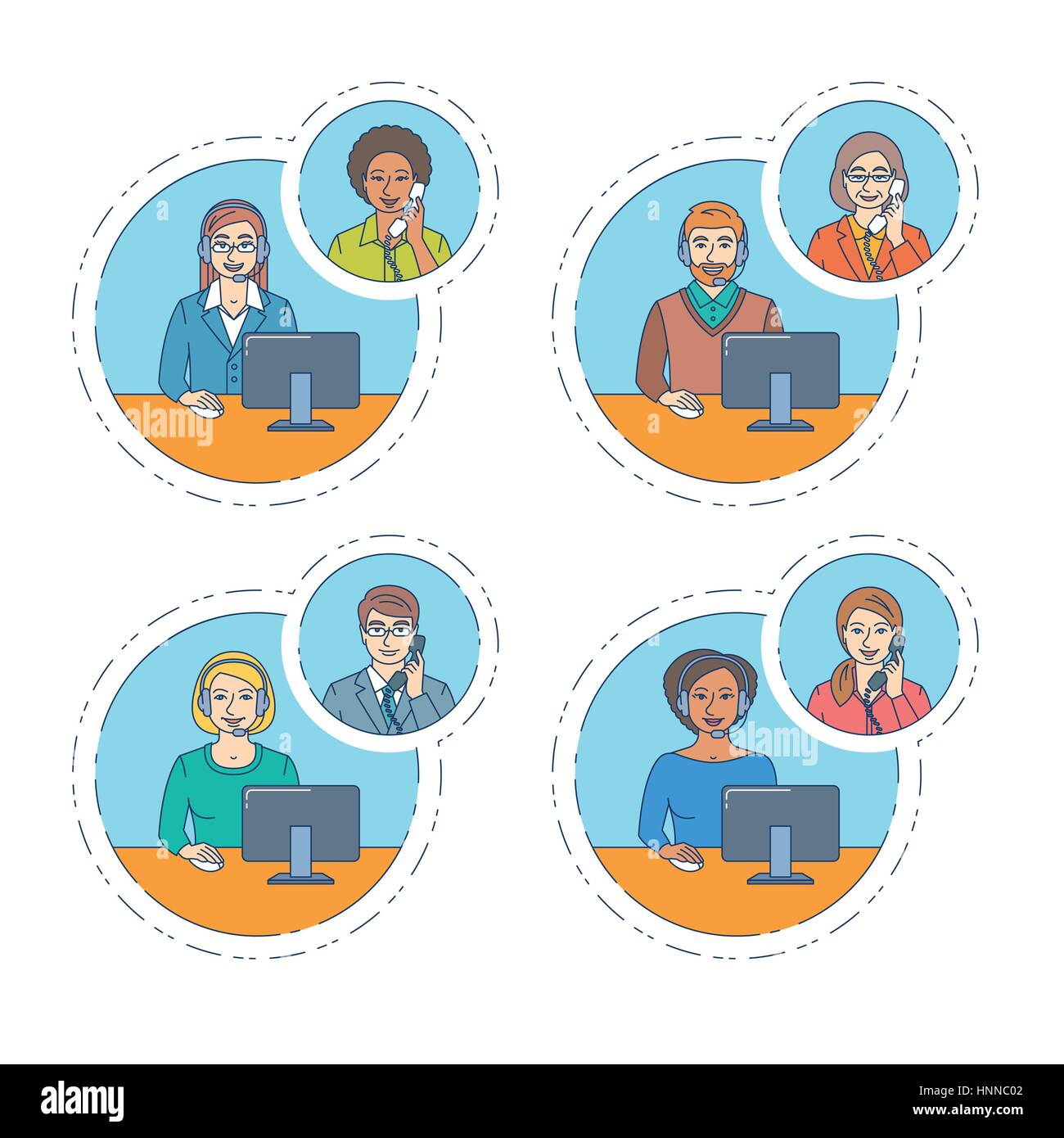 Call center agents team talking on the phone with customers. Flat thin ...