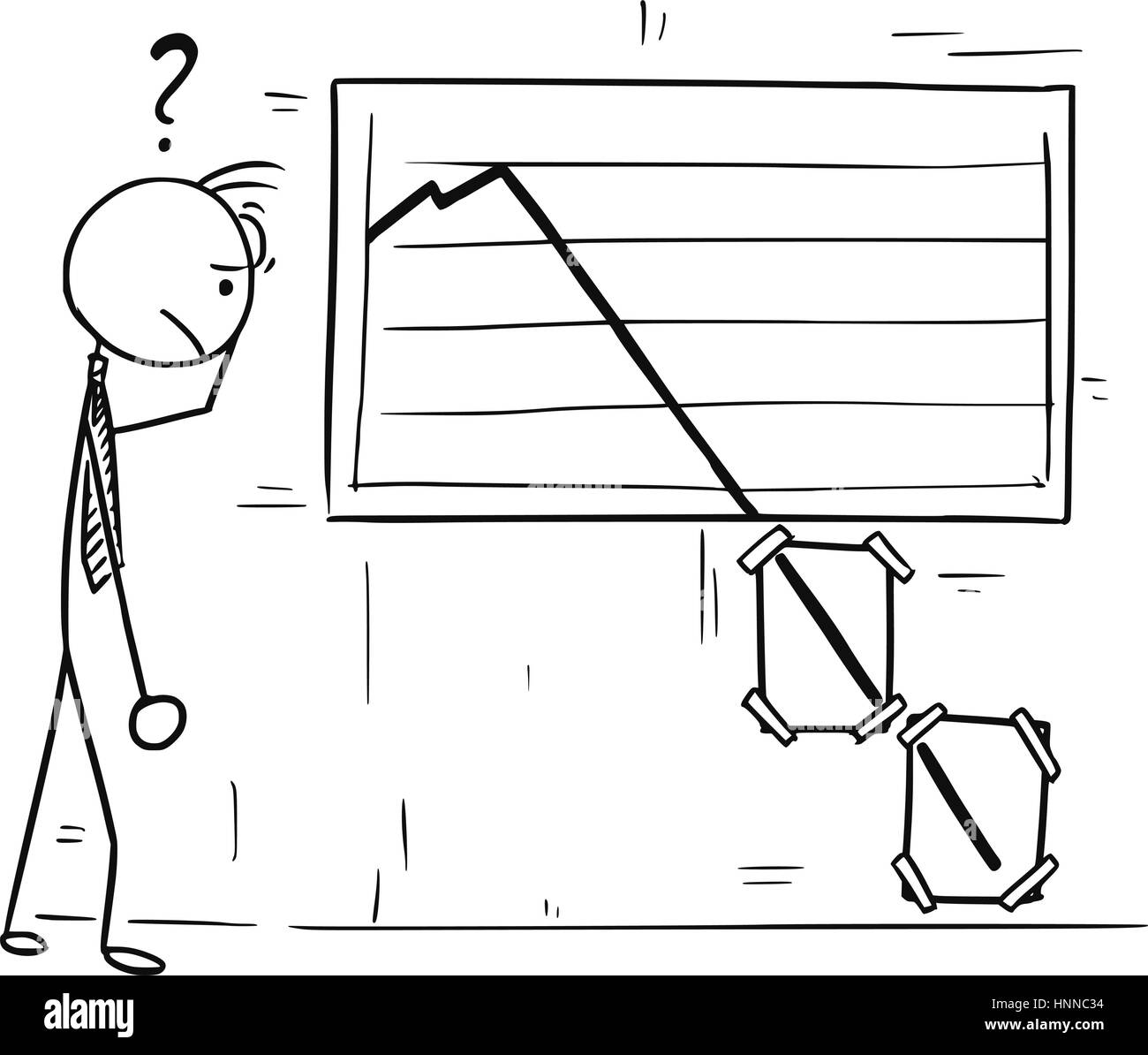 Cartoon vector doodle stickman looking at wall graph with extremly low ...