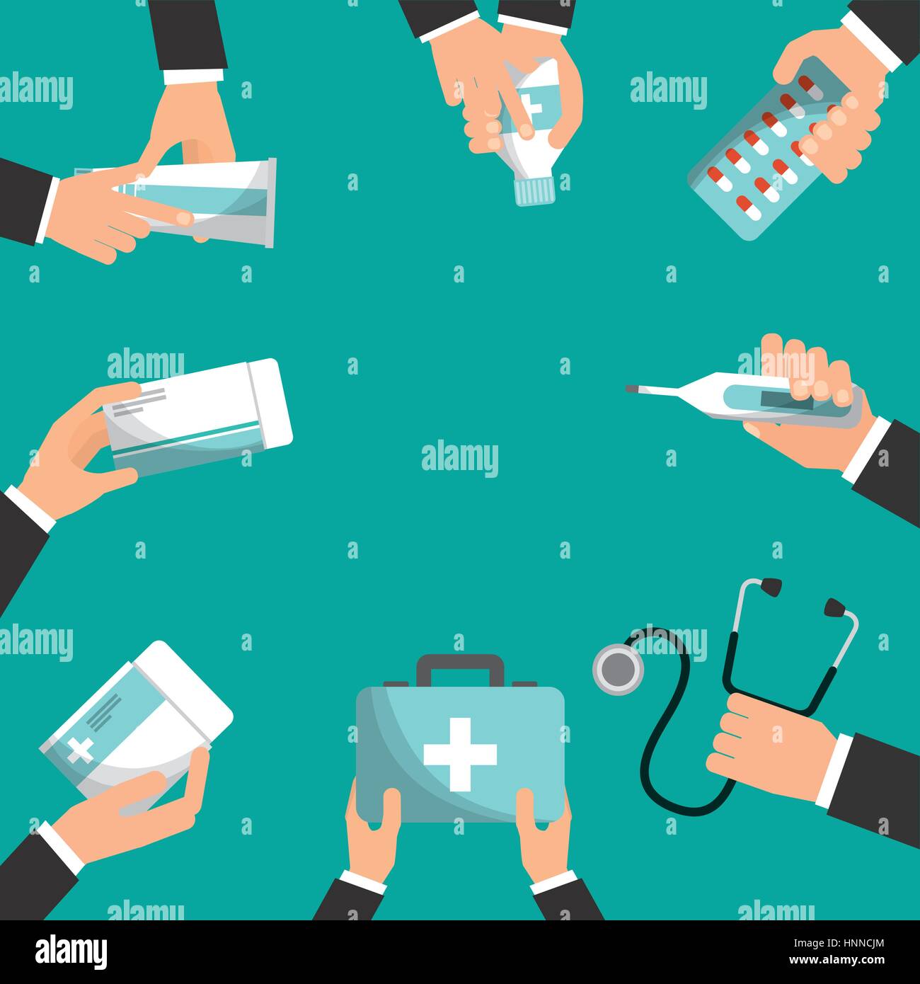 hands with medicine equipment of first aid over turquoise background ...