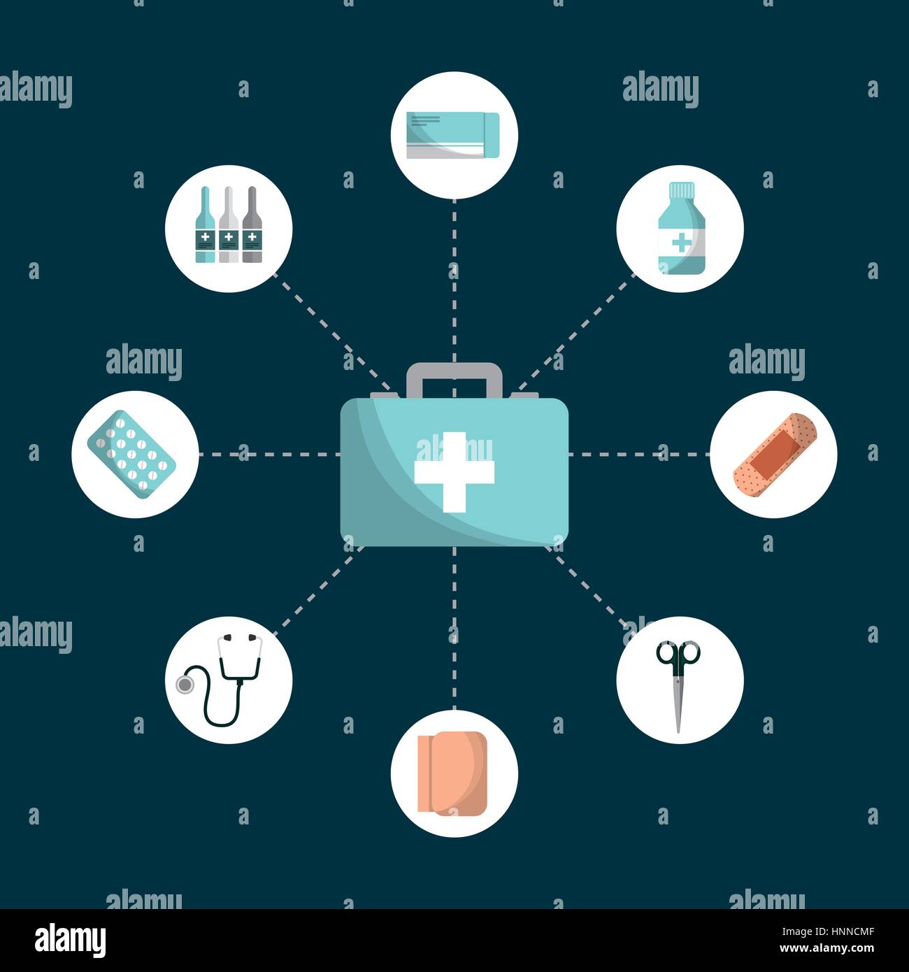 first aid box with medicine icons around over blue background. colorful ...