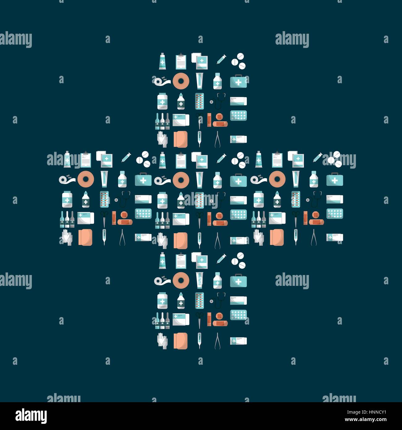 cross with medicine equipment of first aid over blue background ...