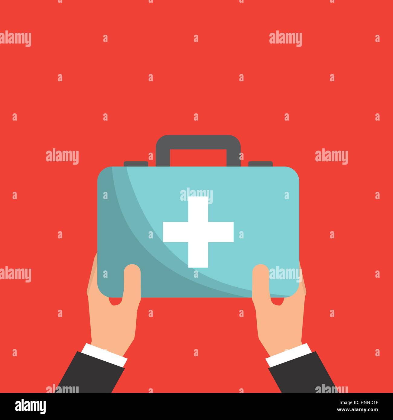 hand with first aid briefcase over red background. colorful design ...