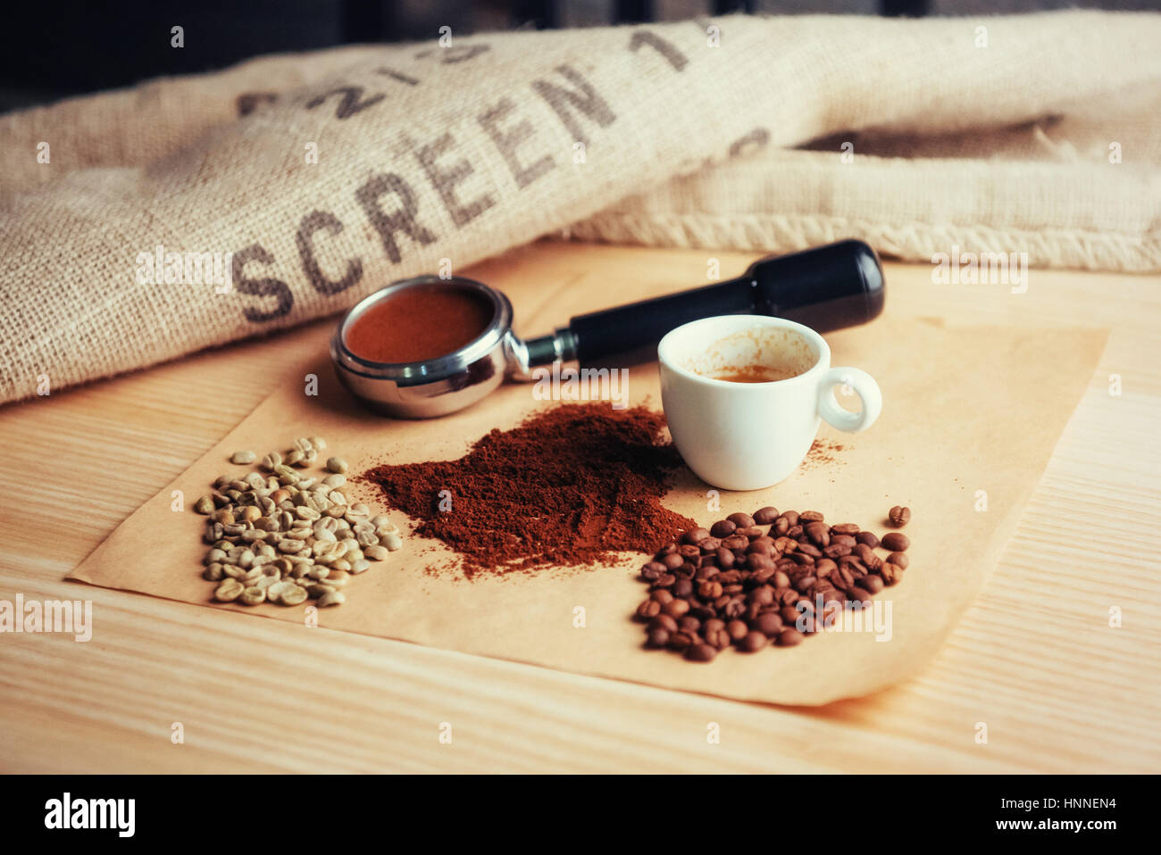 Top view cup of coffee and three different varieties Stock Photo - Alamy