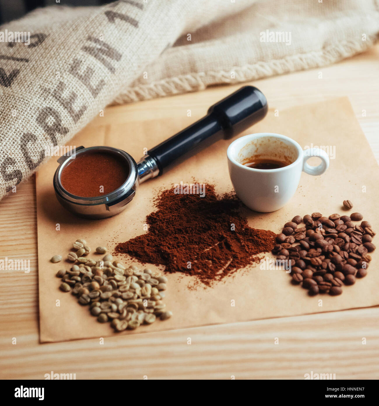 Top view cup of coffee and three different varieties Stock Photo - Alamy