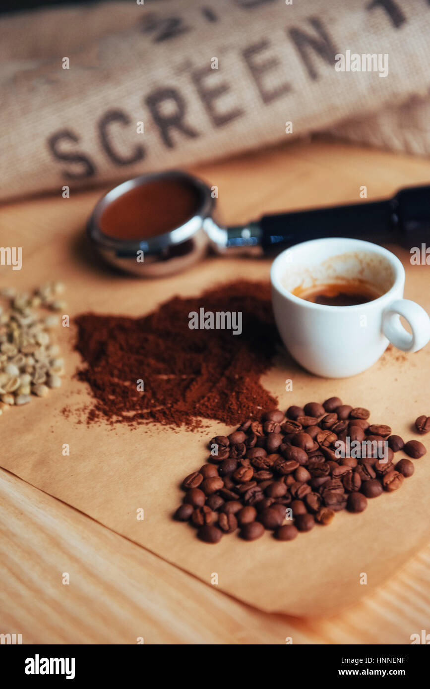 Top view cup of coffee and three different varieties Stock Photo - Alamy