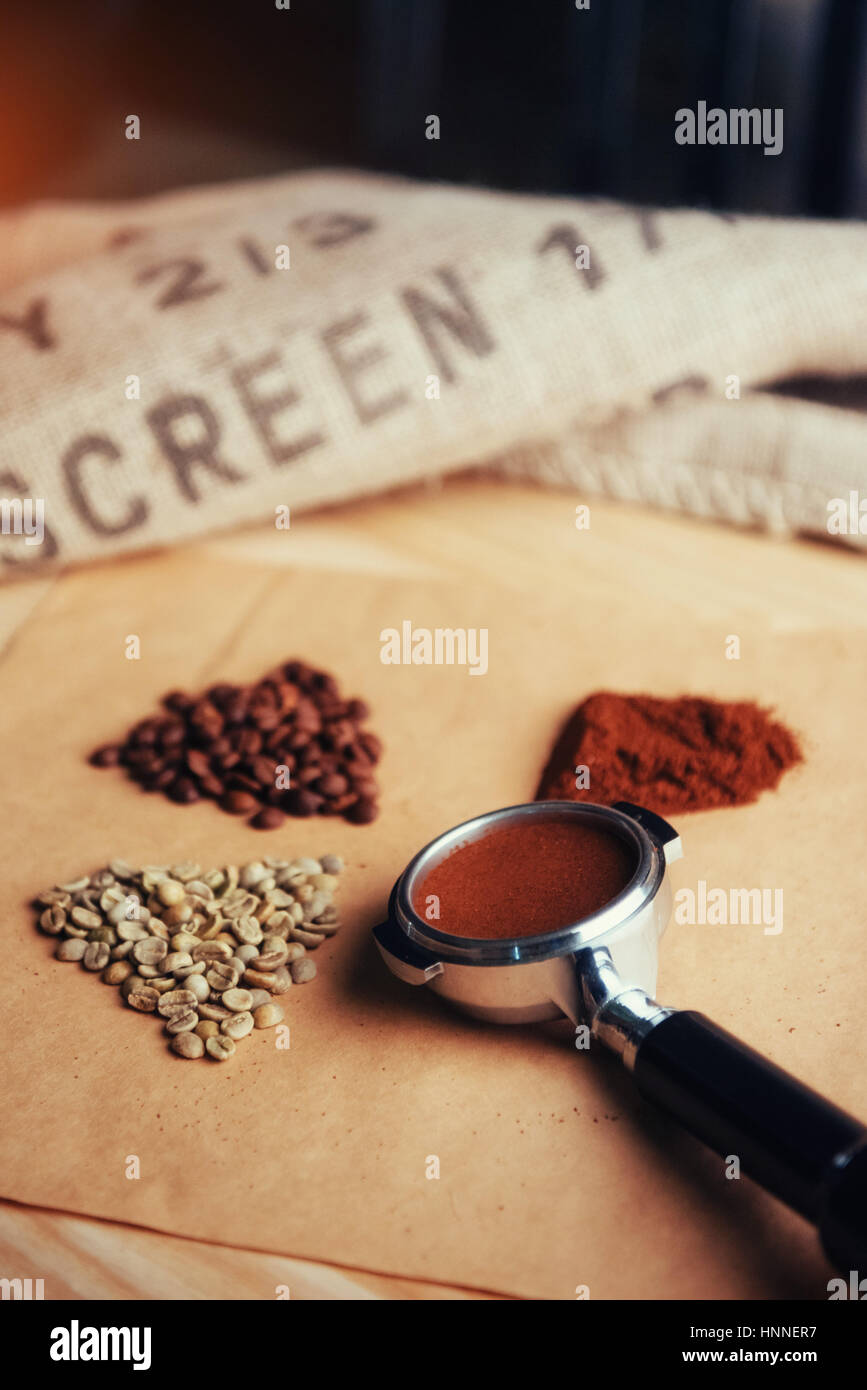 green, roasted, ground and instant coffee Stock Photo - Alamy