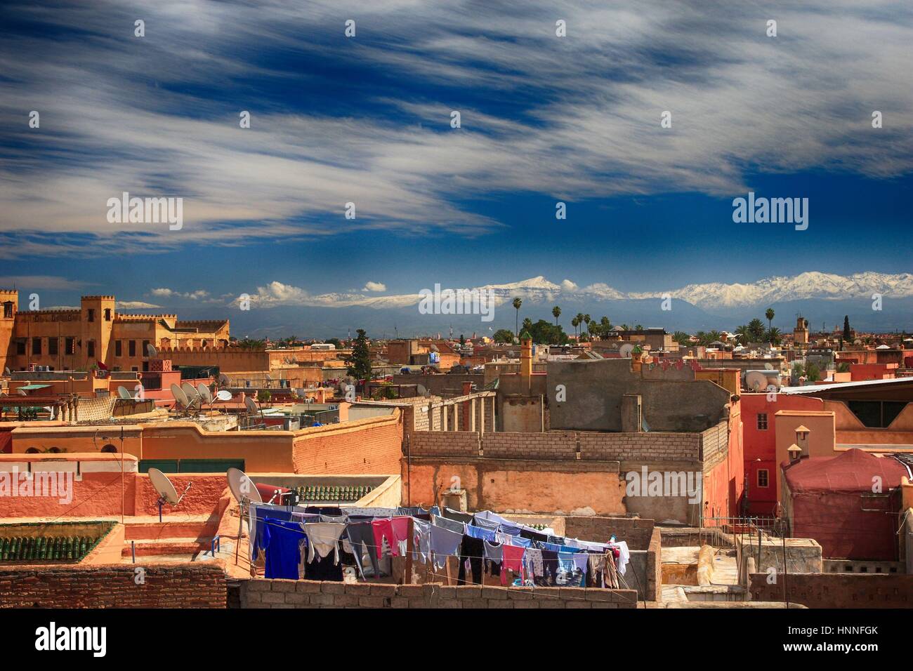 Panoramic view of Marrakesh and the snow capped Atlas mountains ...