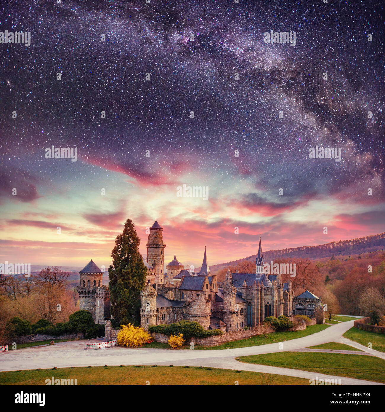 Starry sky over the old ancient castle Stock Photo - Alamy