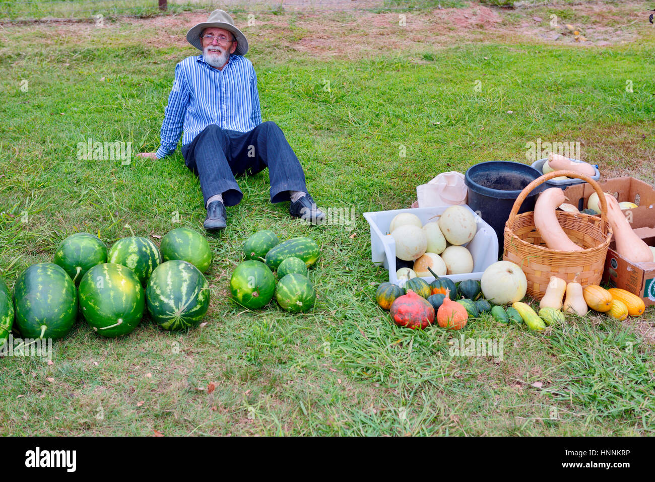Man displaying and selling his home grown produce in local farmers ...