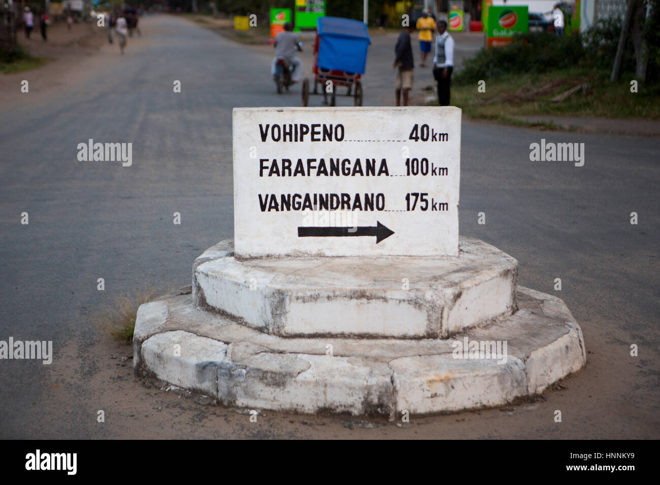 Road sign showing a distance between the cities in Madagascar Stock ...